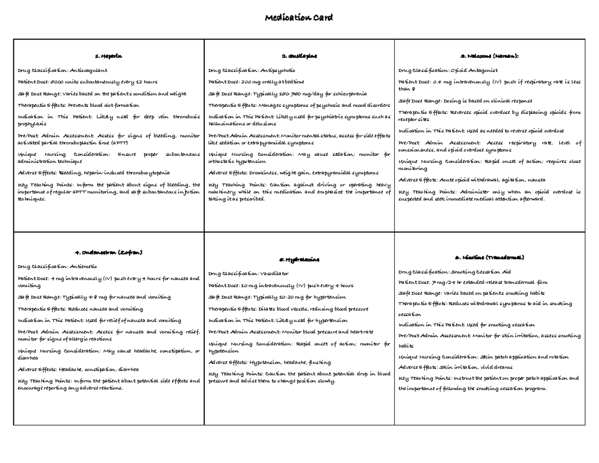 Medication Card (Week 9) - Medication Card Heparin Drug Classification ...