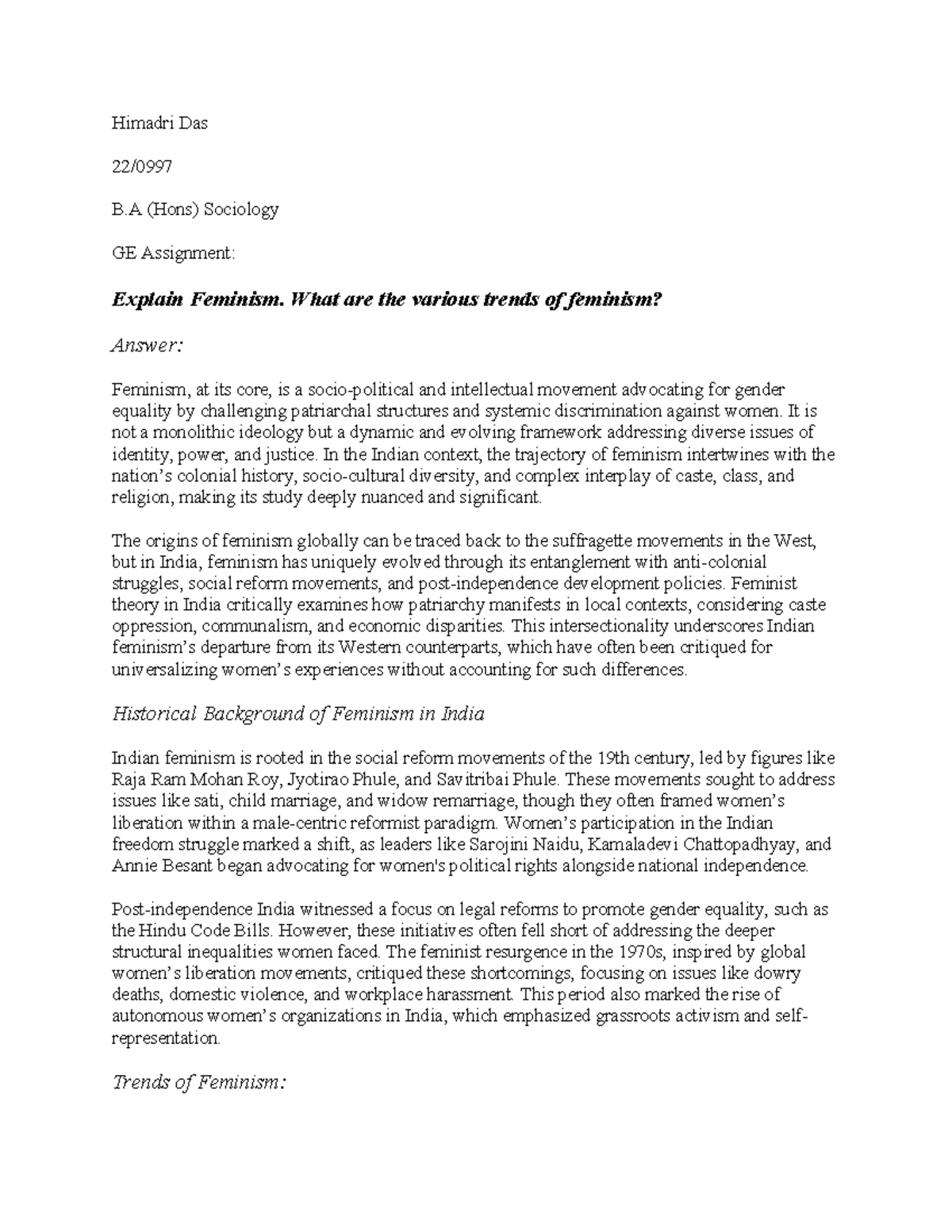 GE feminism Assignment - Himadri Das 22/ B (Hons) Sociology GE ...