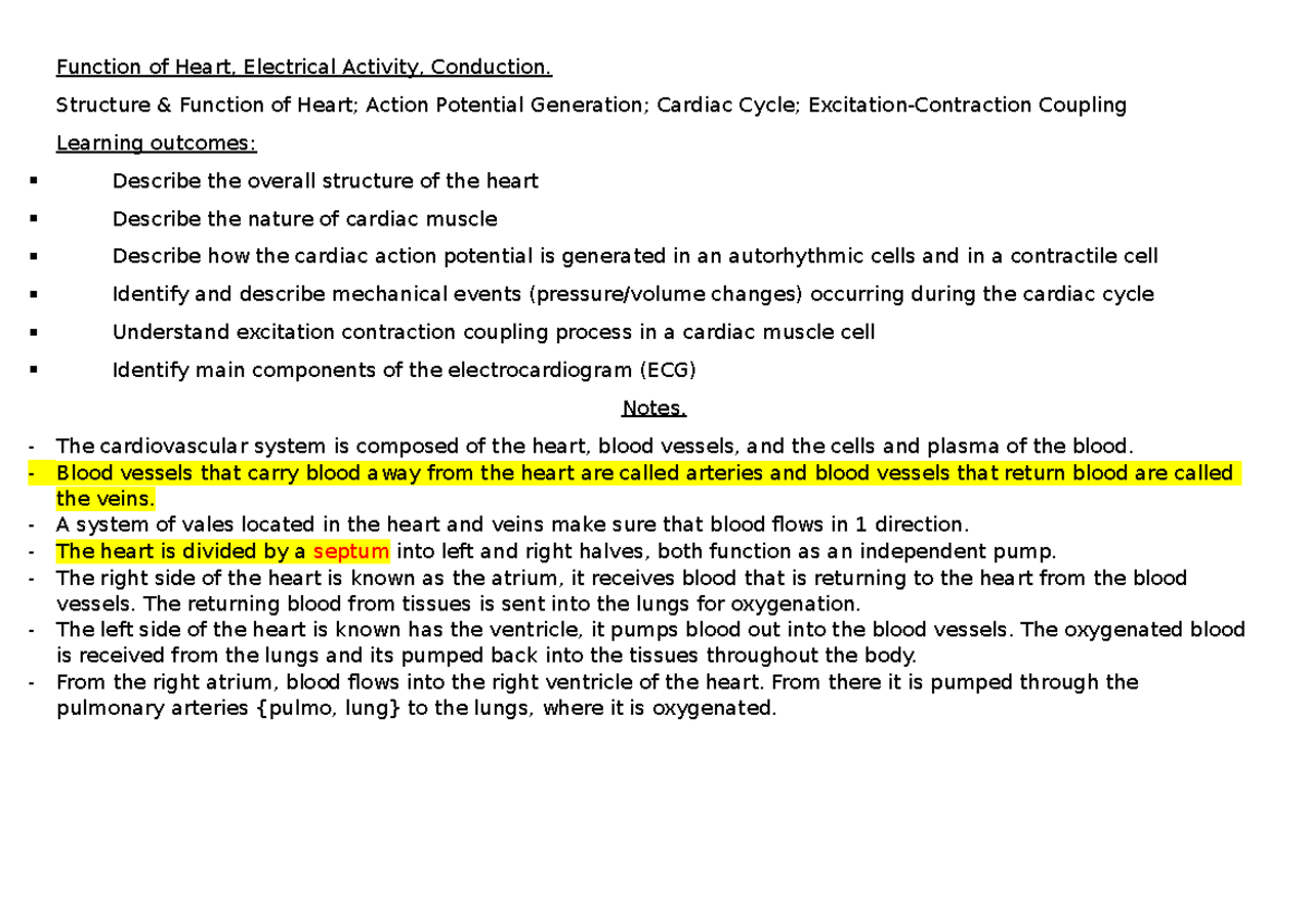 Cardiovascular Revision Guide - Function of Heart, Electrical Activity ...