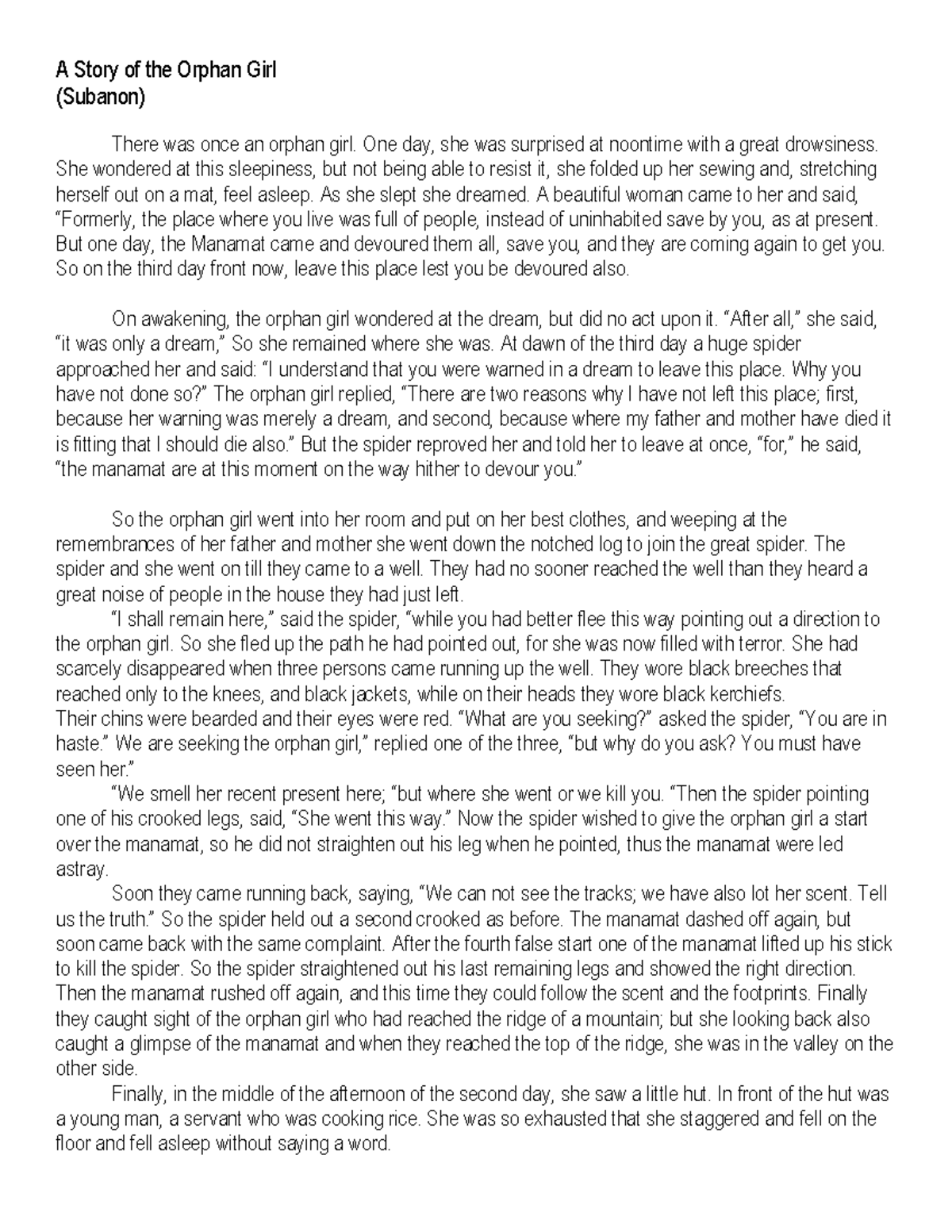 Toaz - Helpful - A Story of the Orphan Girl (Subanon) There was once an ...