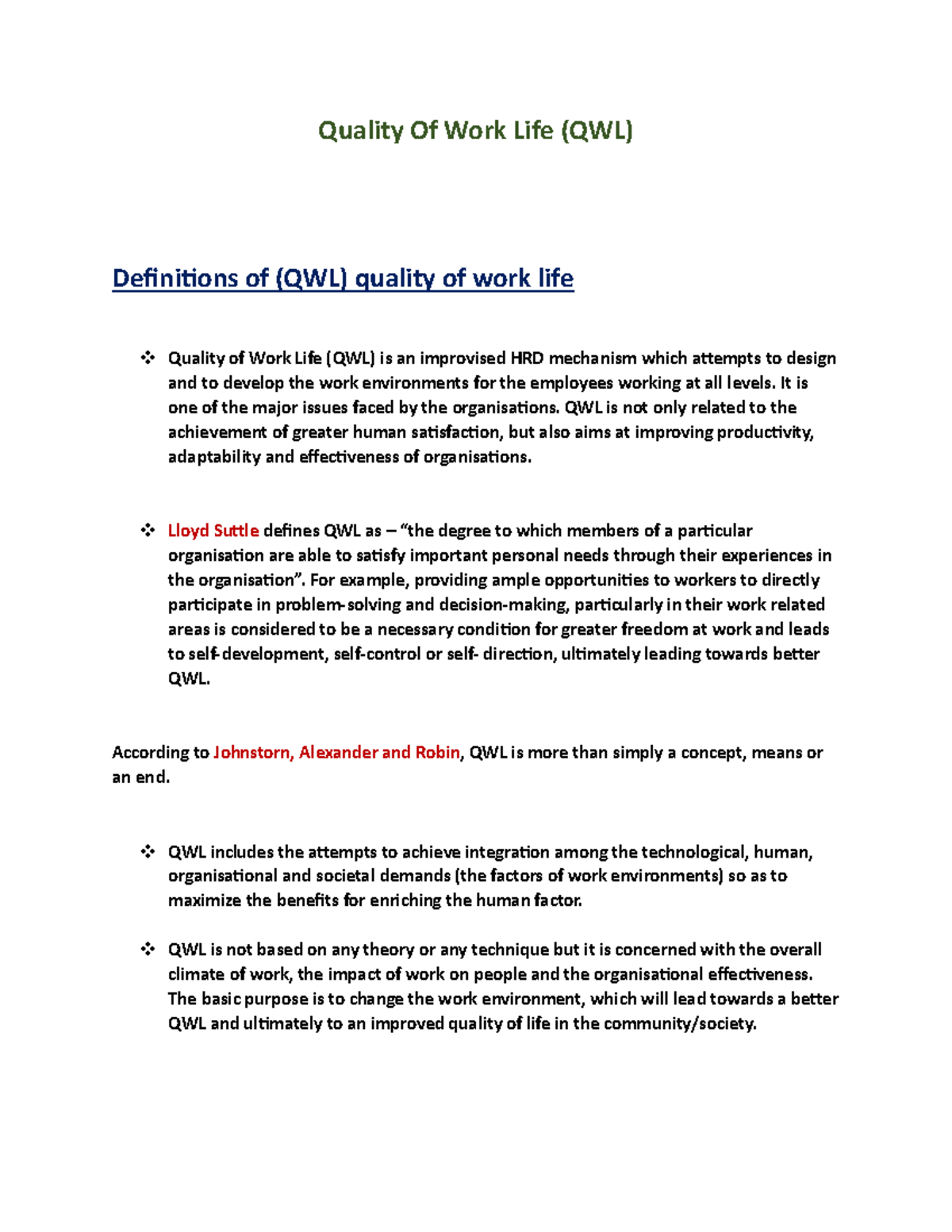 Mgt - Gggggggggg - Quality Of Work Life (QWL) Definitions of (QWL ...