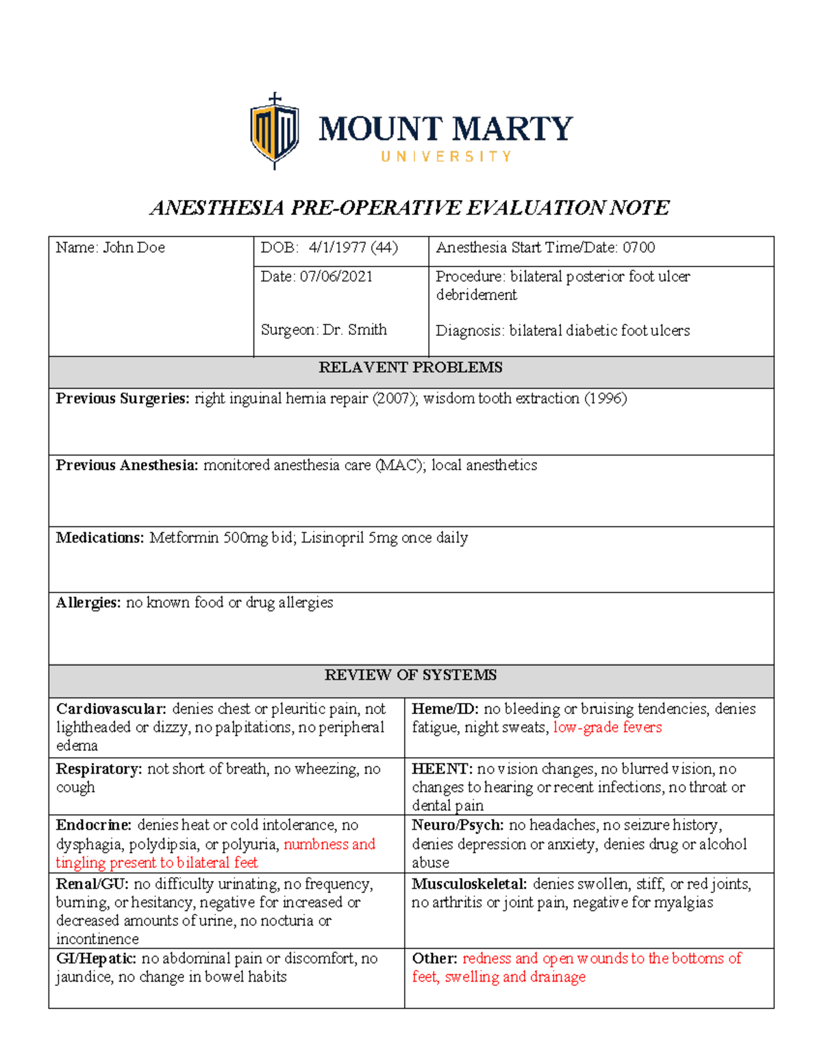 Preoperative Note Completed example - ANESTHESIA PRE-OPERATIVE ...