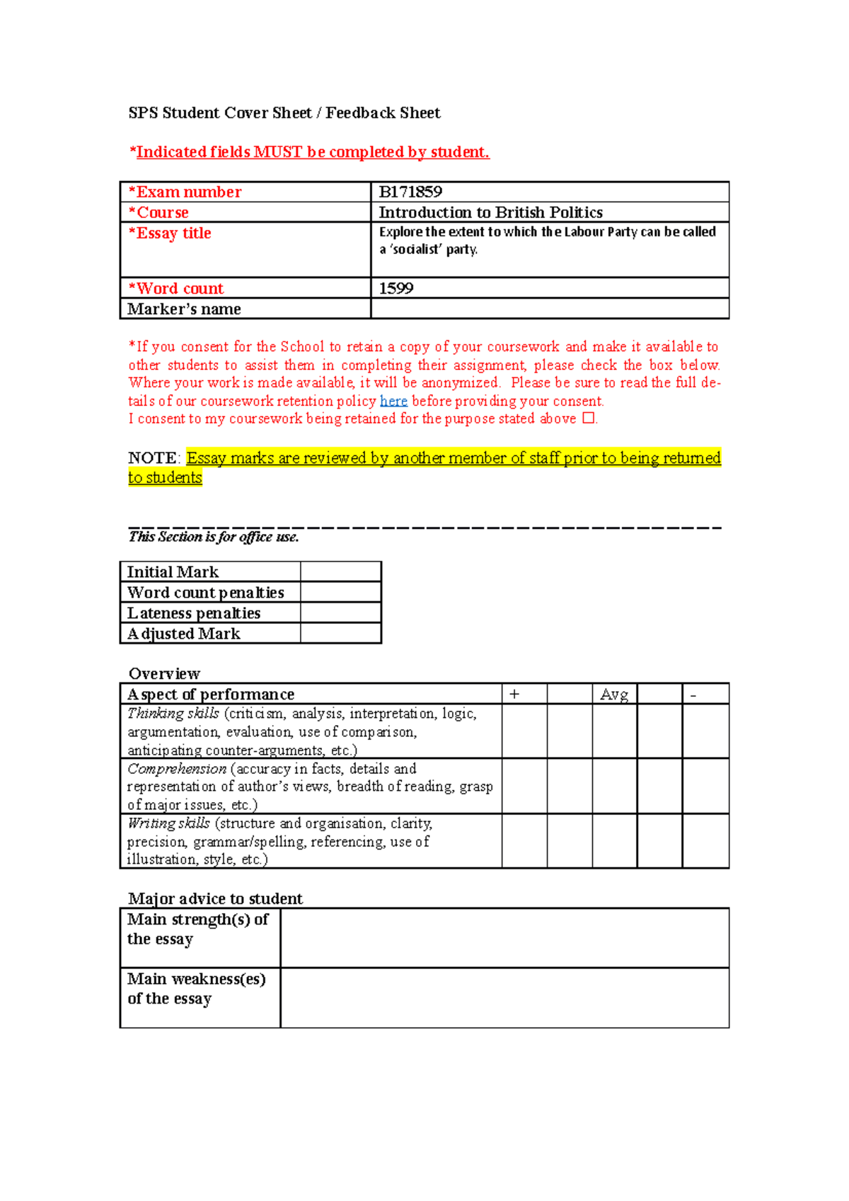 B171859 introbripol essay - SPS Student Cover Sheet / Feedback Sheet ...