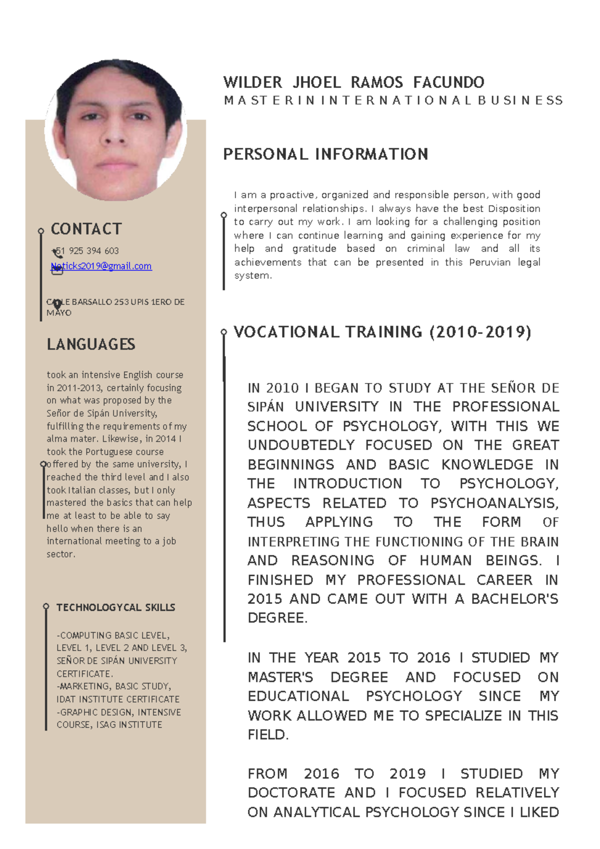 CV Ingles PA2 - sasa - WILDER JHOEL RAMOS FACUNDO M A ST E R I N I N T E R N A T I O N A L B U ...