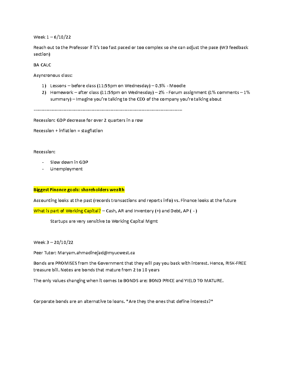 FNCE 623 - Notes - Week 1 – 6/10/ Reach out to the Professor if it’s ...