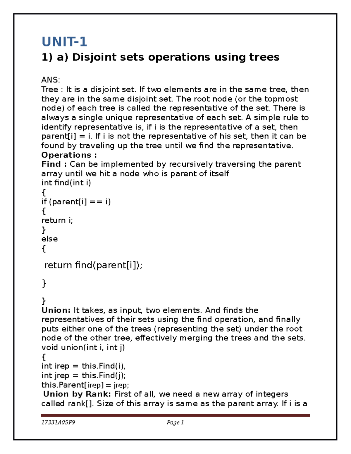 Assignment for any subject - UNIT- 1) a) Disjoint sets operations using trees ANS: Tree : It is ...