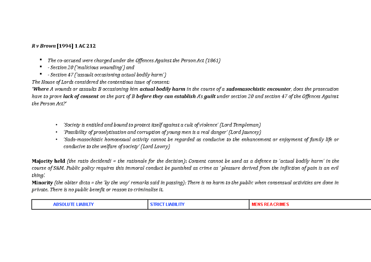 Summary - notes - R v Brown [1994] 1 AC 212 The co-accused were charged ...