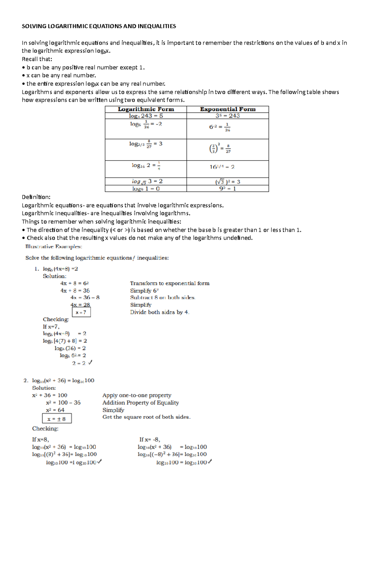 Oct 20 2023 Logarithm Equations and Inequality - SOLVING LOGARITHMIC ...