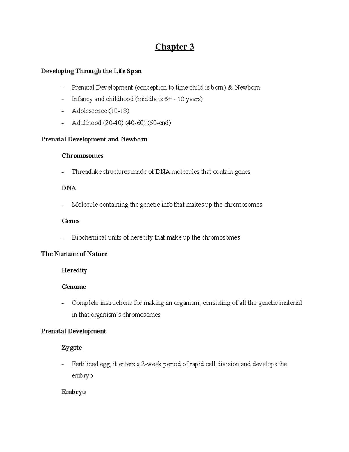 Chapter 3 - Chapter 3 Developing Through the Life Span - Prenatal ...