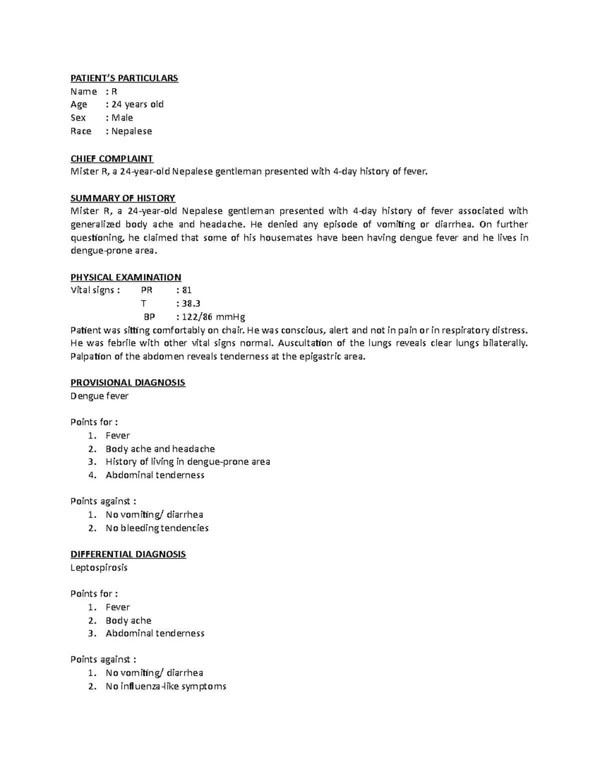 Example brief case report 3 - PATIENT’S PARTICULARS Name : R Age : 24 ...