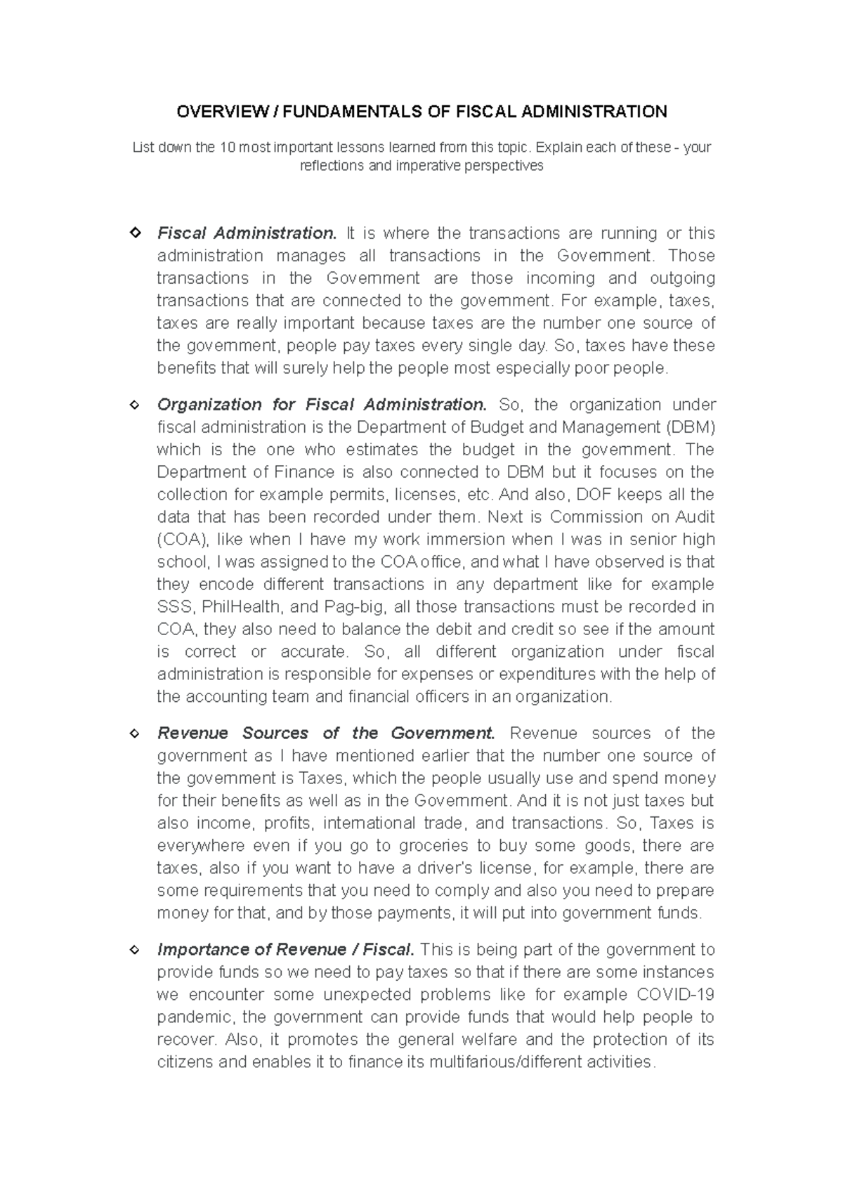 Overview Fundamentals OF Fiscal Administration - OVERVIEW ...