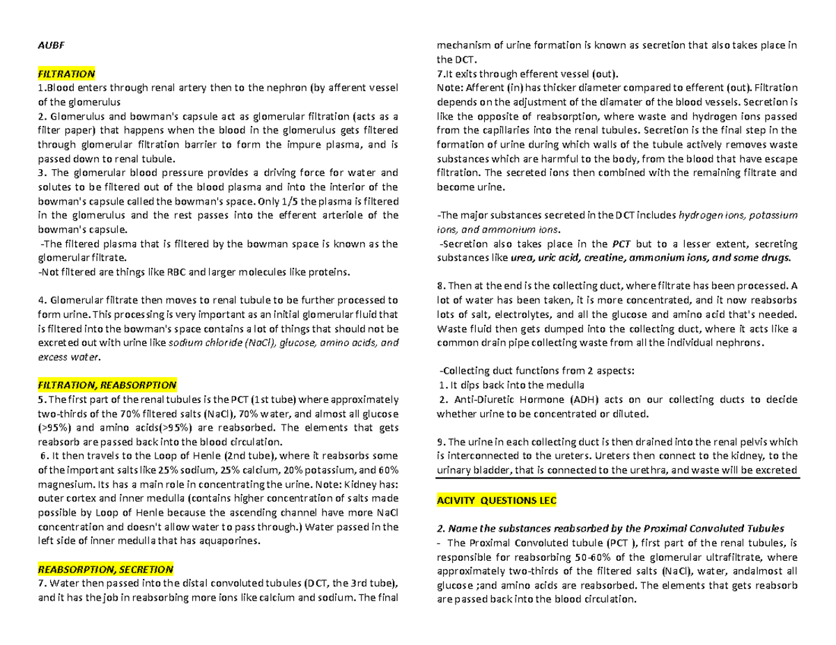 AUBF ( Filtration & Urinalysis) - AUBF FILTRATION 1 enters through ...