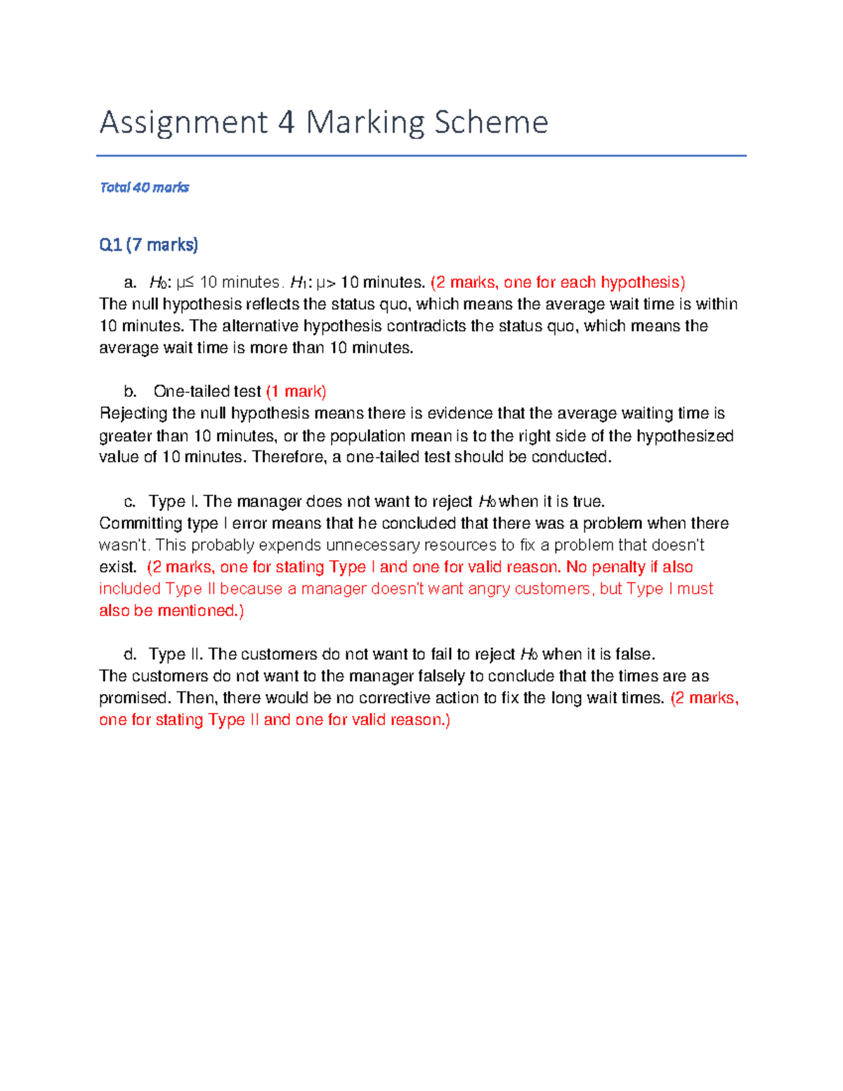Assignment 4 Answers - Assignment 4 Marking Scheme Total 40 marks Q1 (7 ...