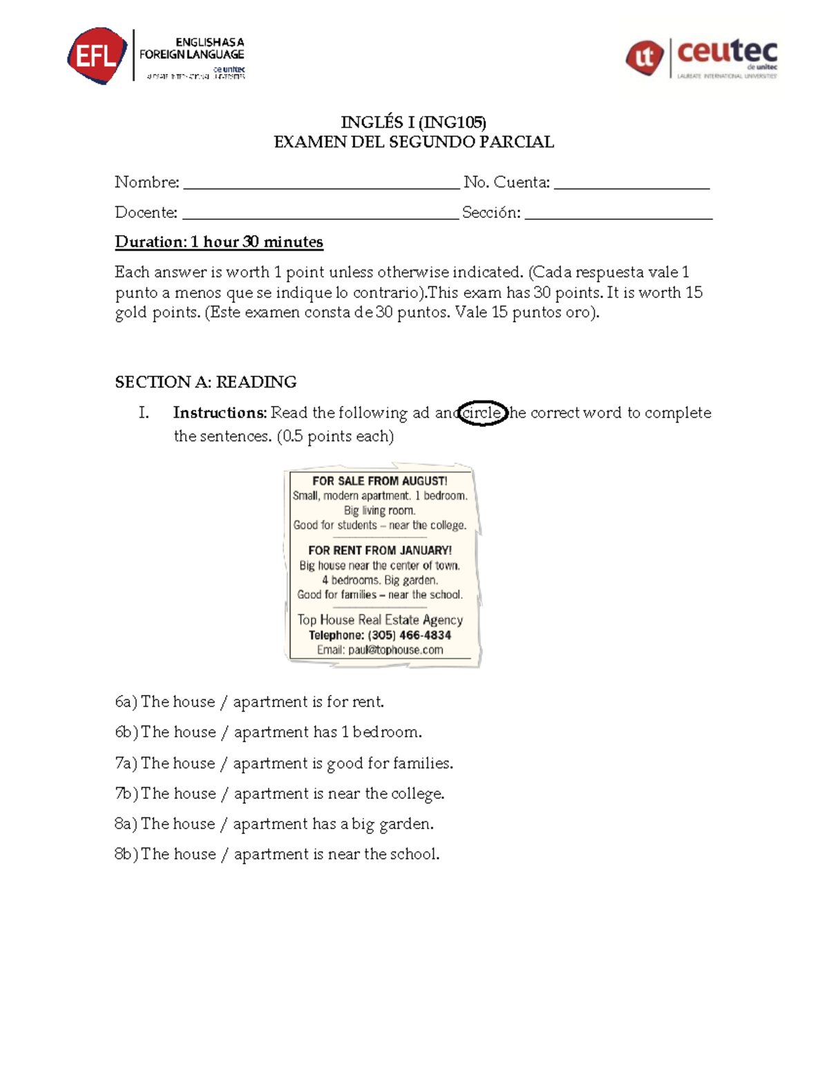 Examen DE Ingles 1 - Segundo Parcial - Q2 2024 Ceutec - INGLÉS I (ING105) EXAMEN DEL SEGUNDO ...
