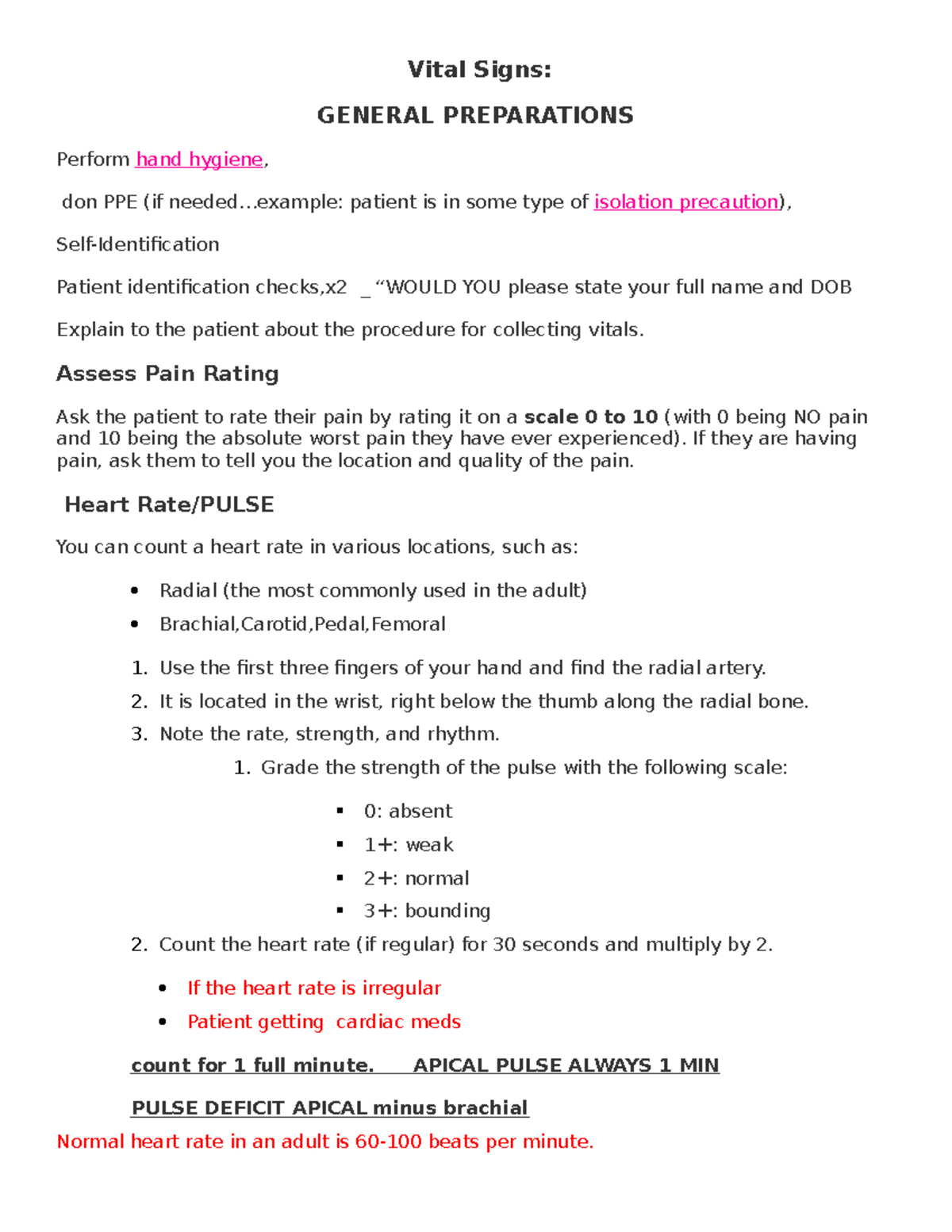 Vital Signs Basic Procedure worksheet - Vital Signs: GENERAL ...