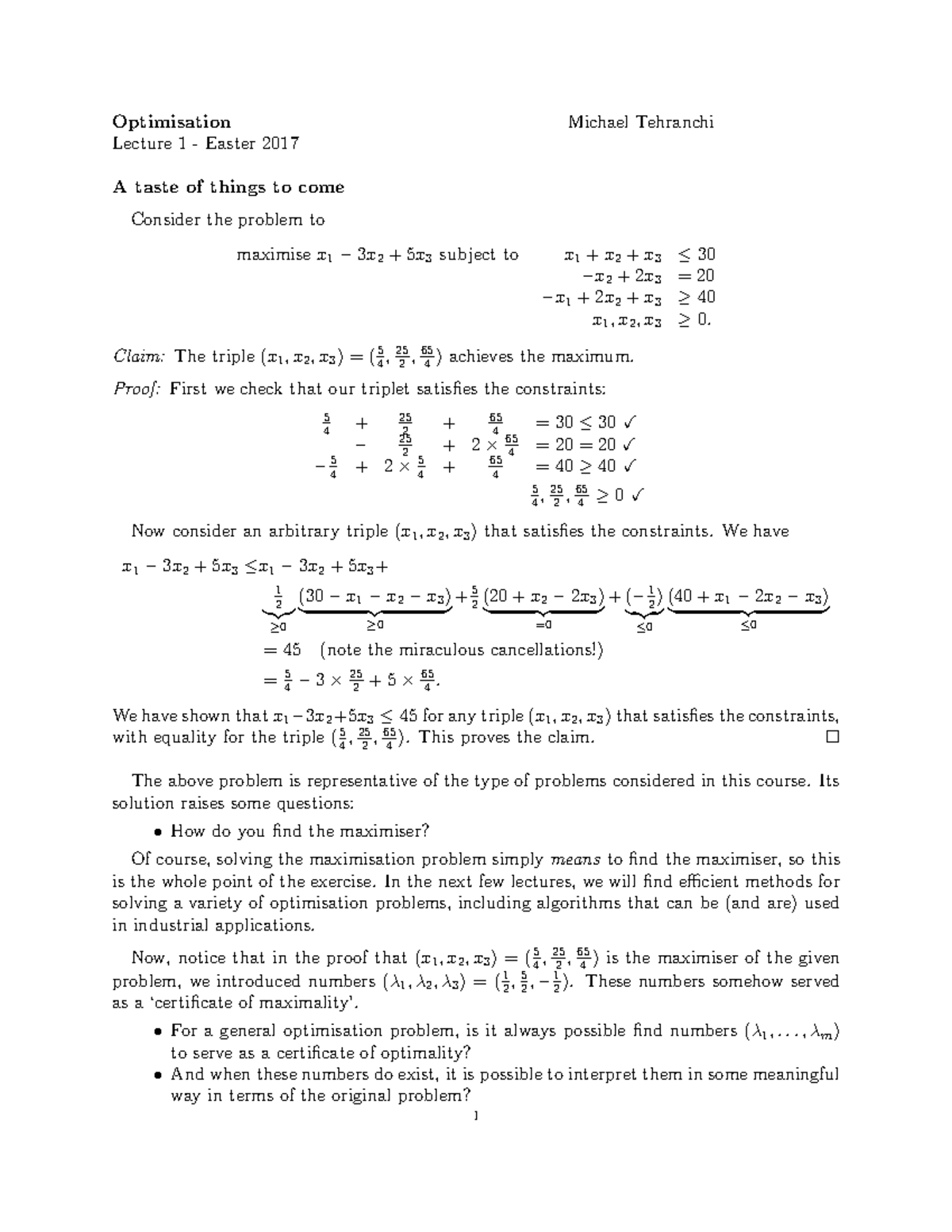 Optimisation 2016-2017 Lecture 1 - Optimisation Michael Tehranchi ...