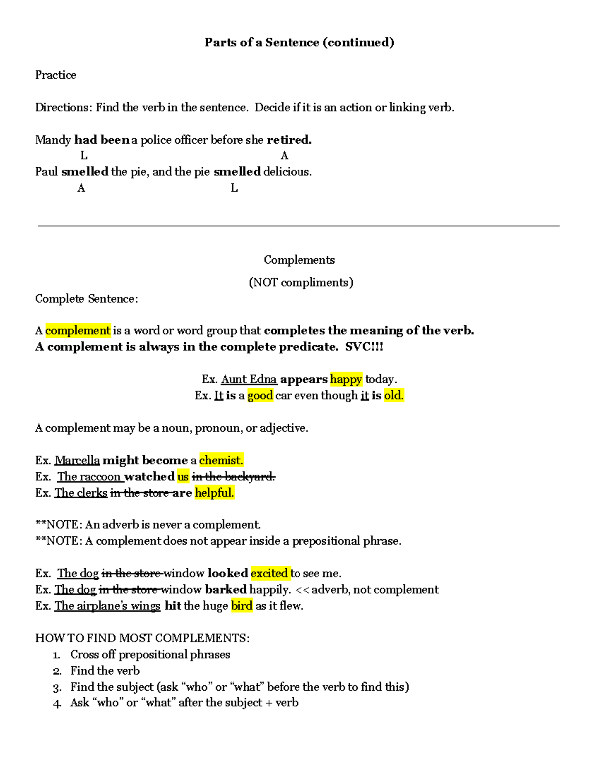 Complements Notes - Parts of a Sentence (continued) Practice Directions ...