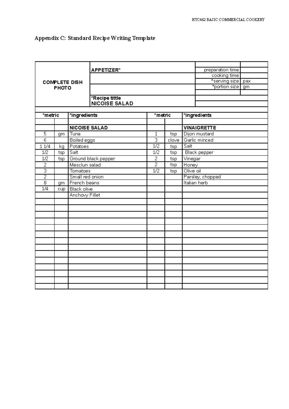 WEEK 10 Recipe - HTC462 BASIC COMMERCIAL COOKERY Appendix C: Standard ...