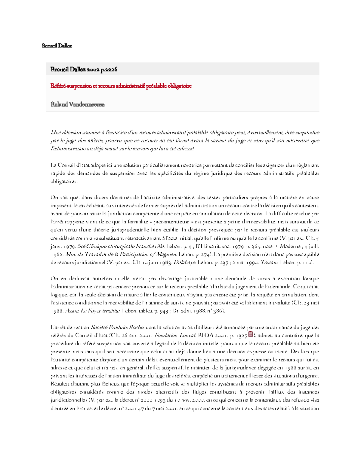 Référé suspension et recours administratif préalable - Recueil Dalloz Recueil Dalloz 2002 p ...