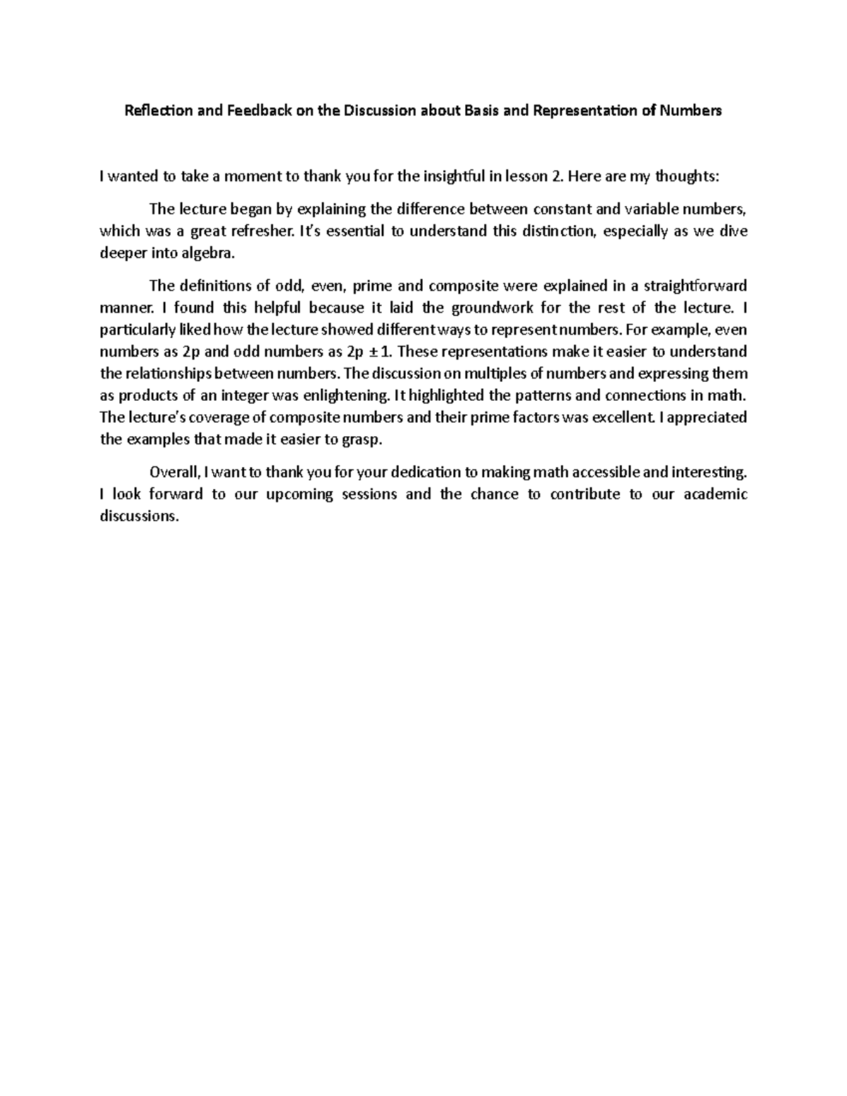 Math 106 lesson 2 - Re昀氀ec琀椀on and Feedback on the Discussion about ...