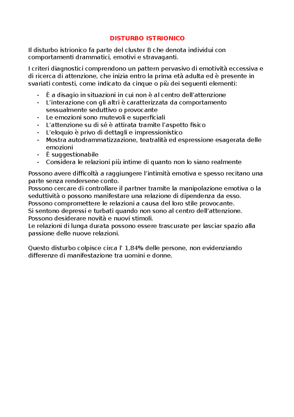 Isteria - riassunto - DSM-5 - DISTURBO ISTRIONICO Il disturbo ...