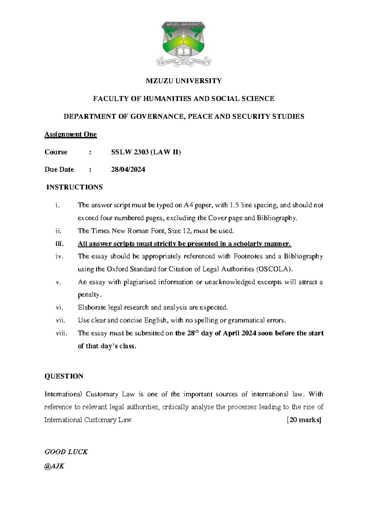 Law Ii Assignment 1 April 2024 Mzuzu University Faculty Of Humanities And Social Science