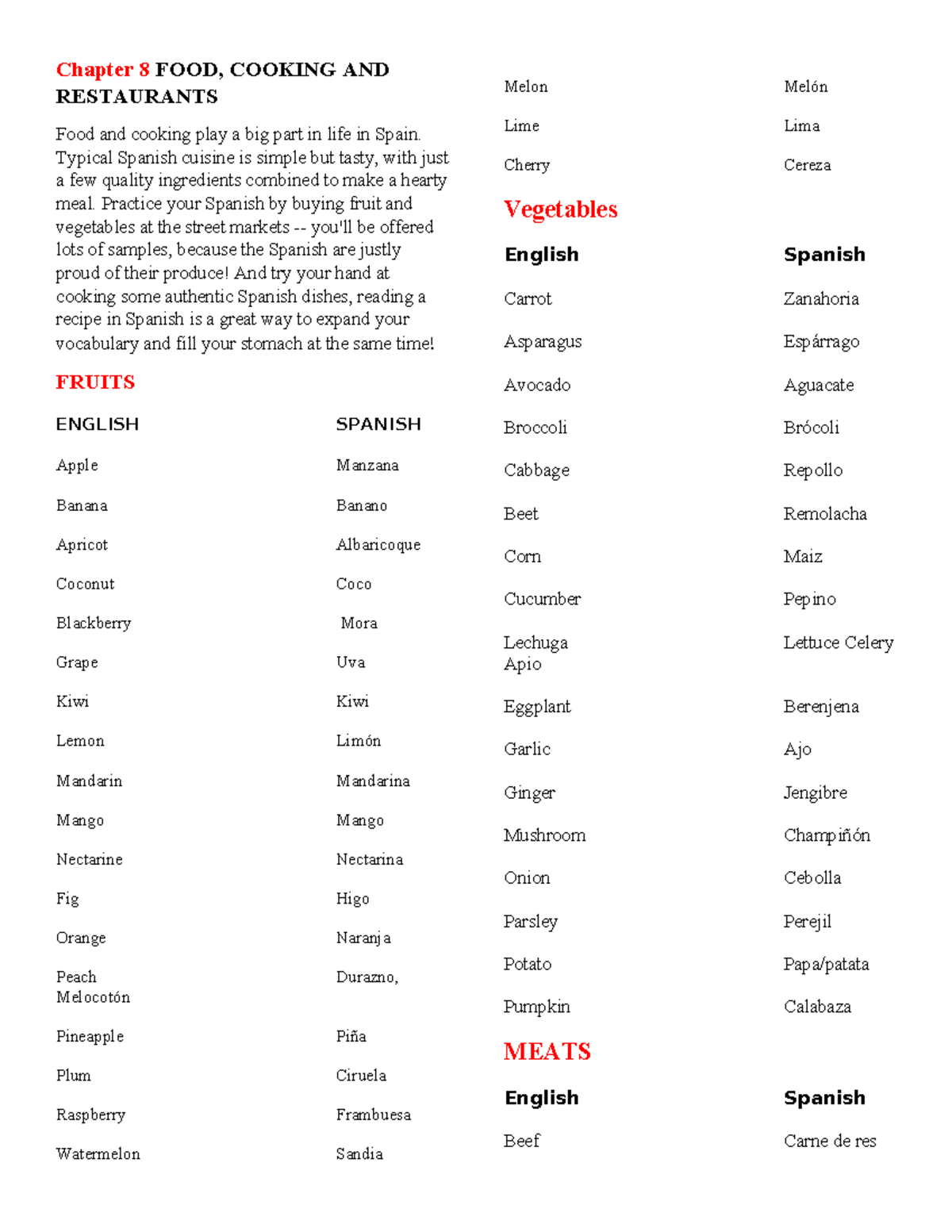 Foods AND Cooking Terms IN Spanish and Spanish Kitchen Tools AND Others ...