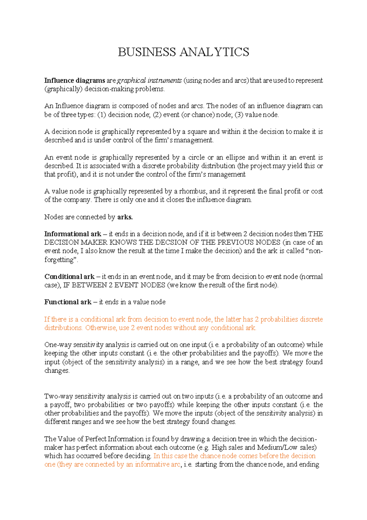 Recap - Business Analytics - BUSINESS ANALYTICS Influence diagrams are ...