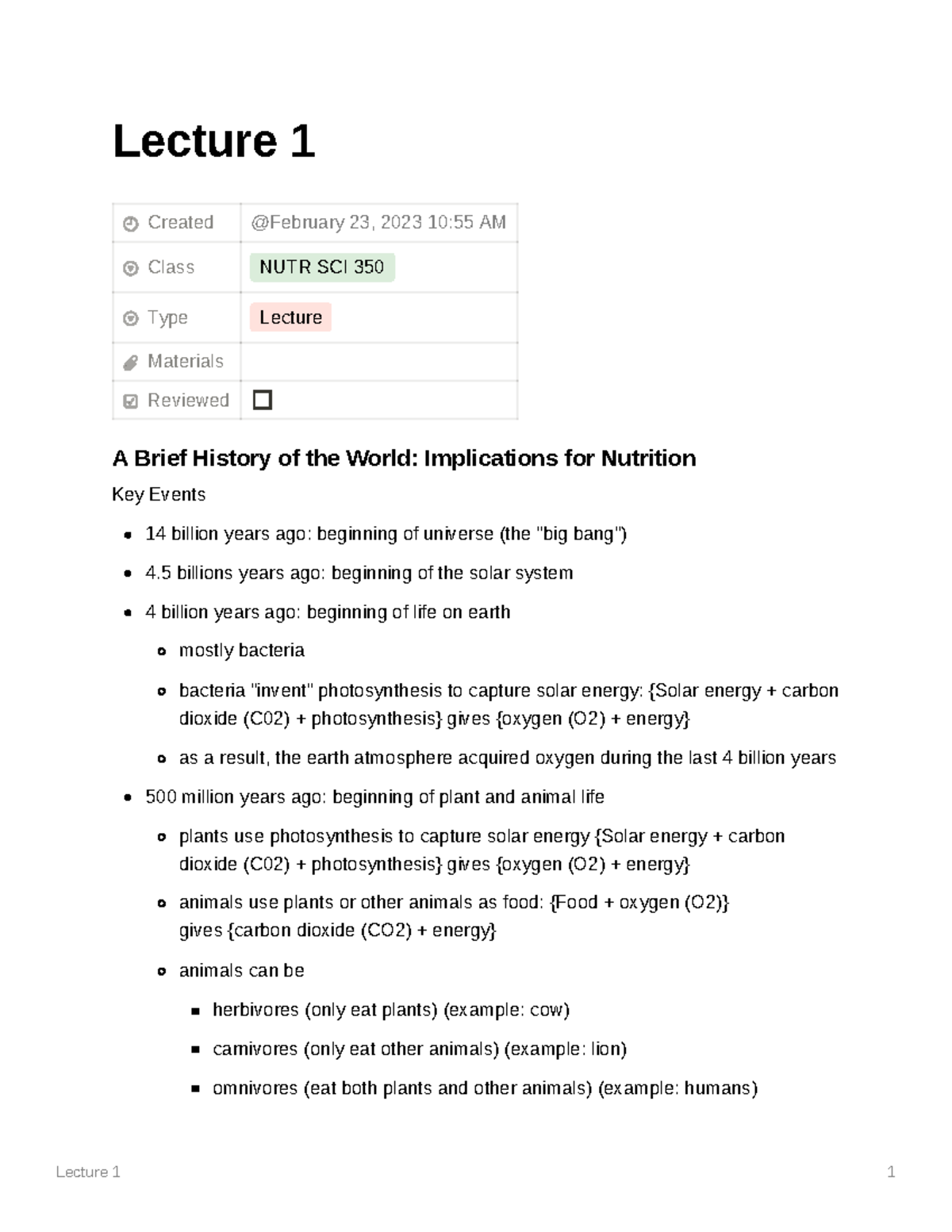 Nutri Sci 350: Lecture 9 - Lecture 1 1 Lecture 1 Created Class NUTR SCI 350 Type Lecture ...