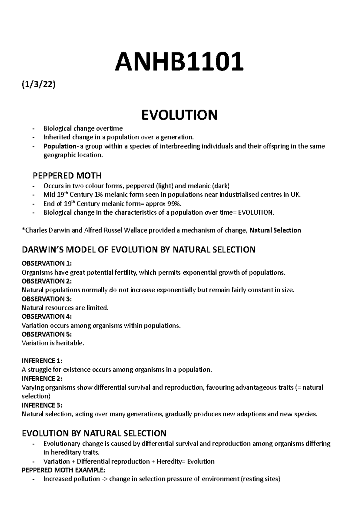 ANHB1101 Notes - ANHB (1/3/22) EVOLUTION Biological change overtime ...
