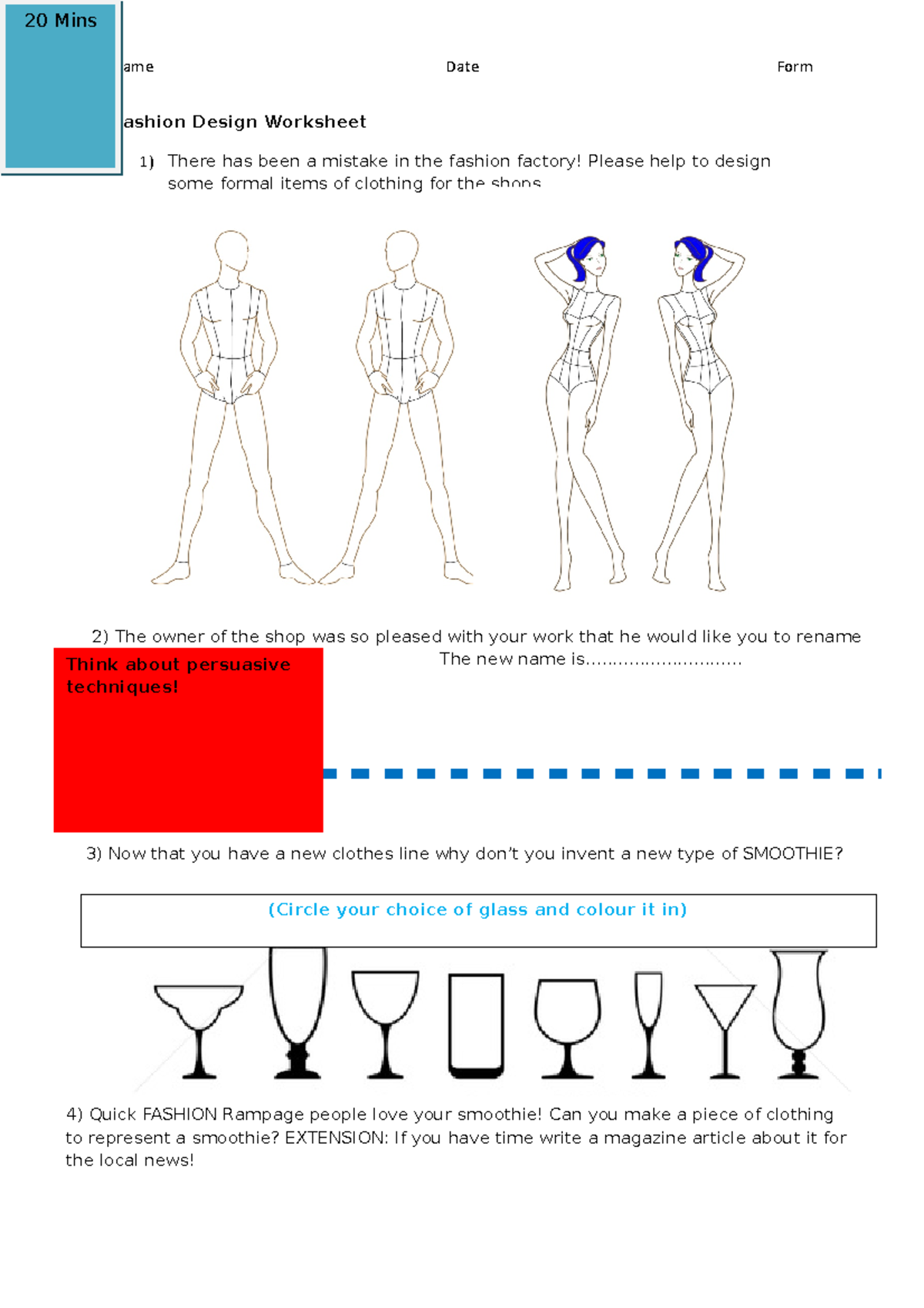 Fashion Design Worksheet - 20 Mins Name Date Form Fashion Design ...