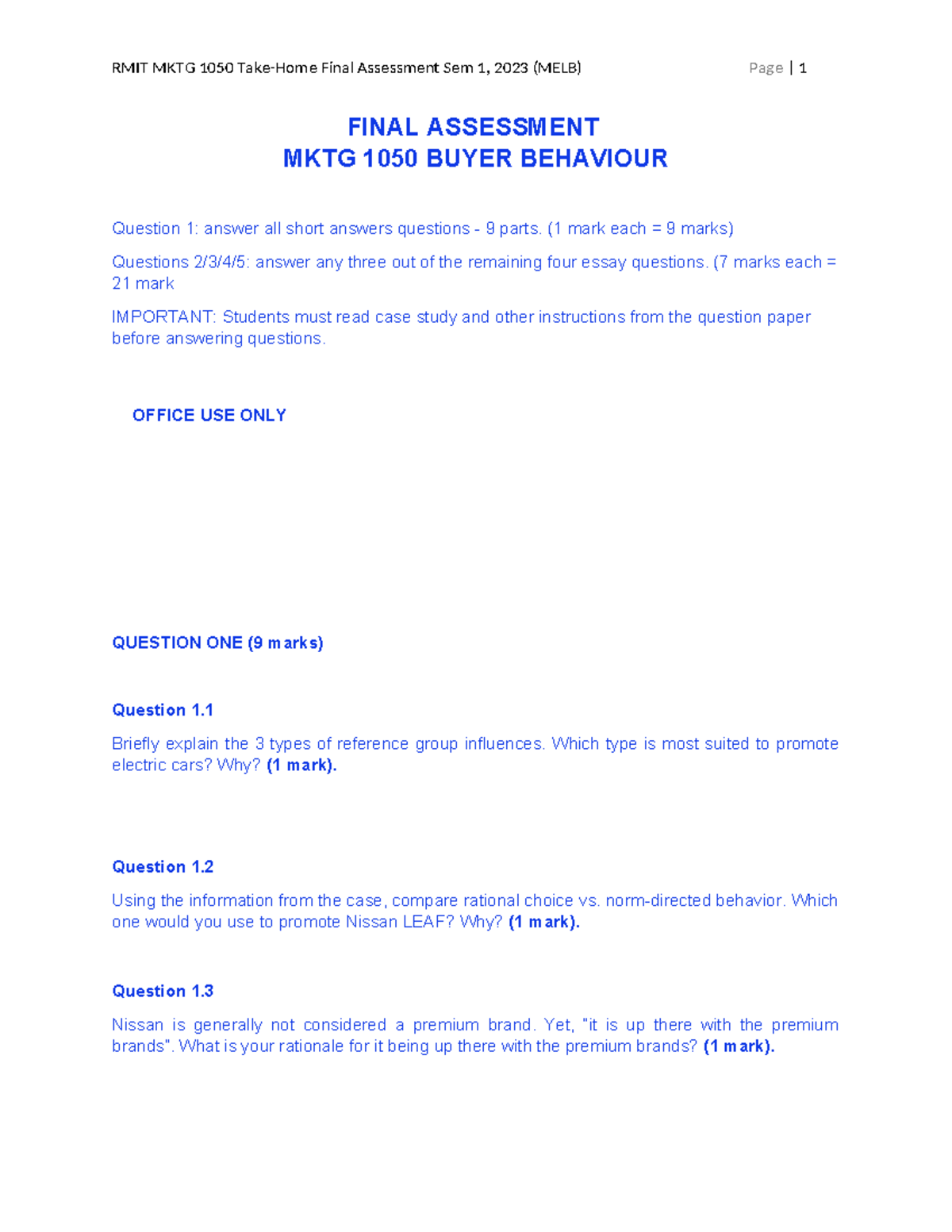 Answer Sheet Melb s1 2023 Final Assessment Paper - FINAL ASSESSMENT MKTG 1050 BUYER BEHAVIOUR ...