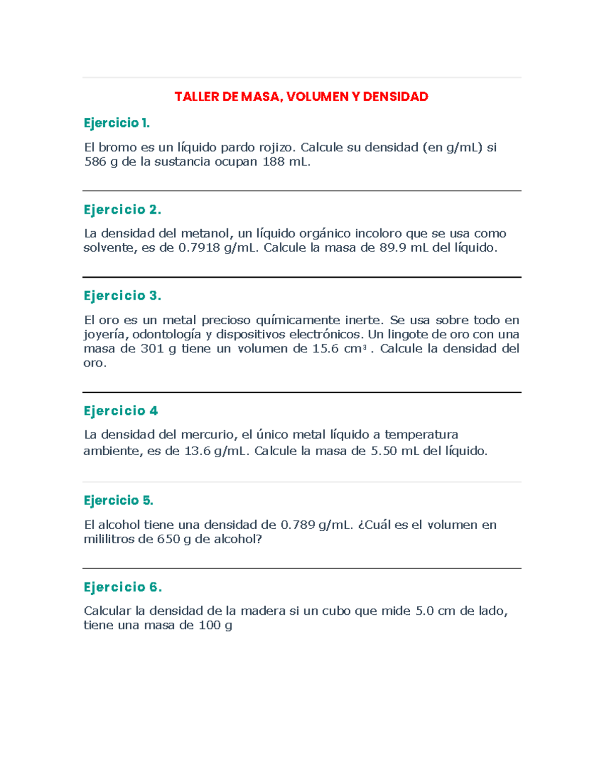 Taller DE MASA, Volumen Y Densidad - TALLER DE MASA, VOLUMEN Y DENSIDAD ...