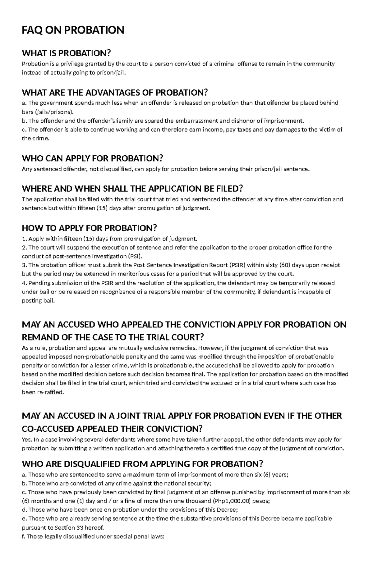FAQ ON Probation - FAQ ON PROBATION WHAT IS PROBATION? Probation is a ...