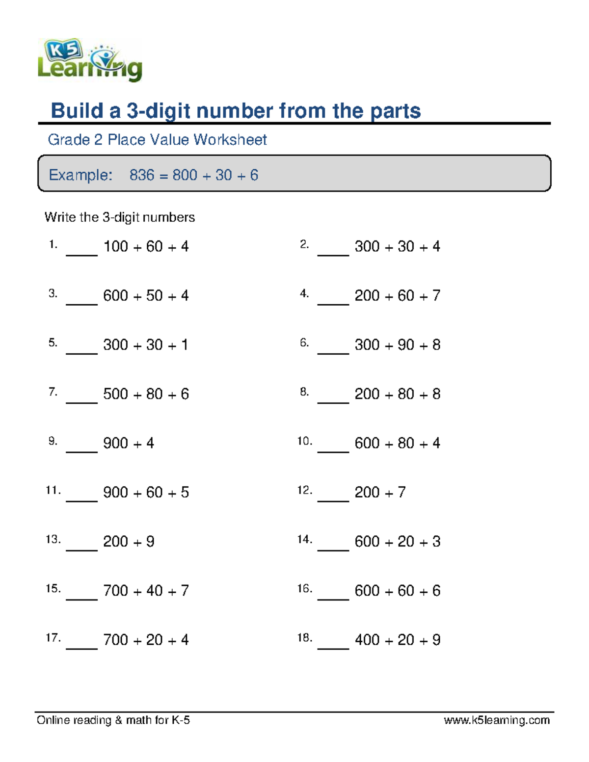 Grade 2 3 digit number from parts e - Online reading & math for K-5 ...