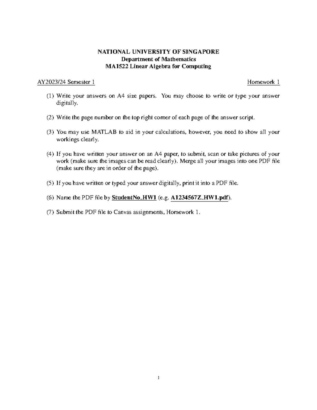 MA1522 Homework 1 soln - SOLUTION - NATIONAL UNIVERSITY OF SINGAPORE ...