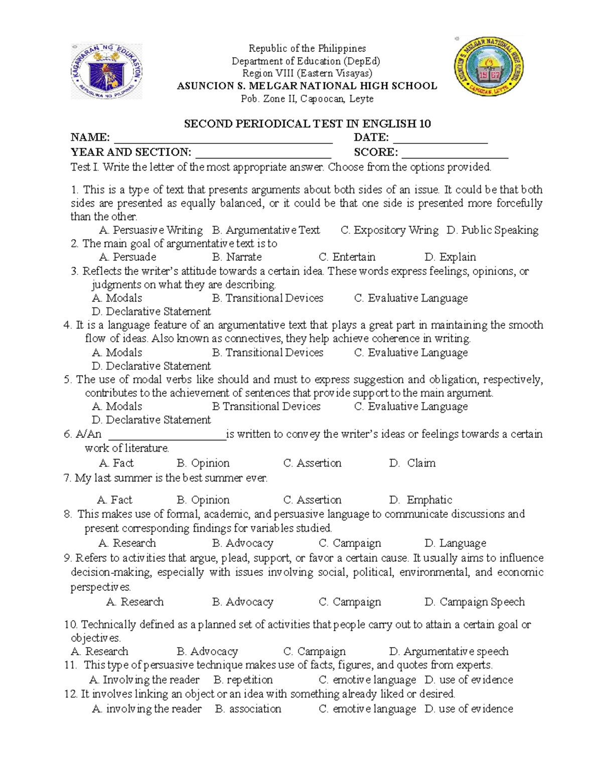 Edited 2ND periodical exam - Republic of the Philippines Department of ...