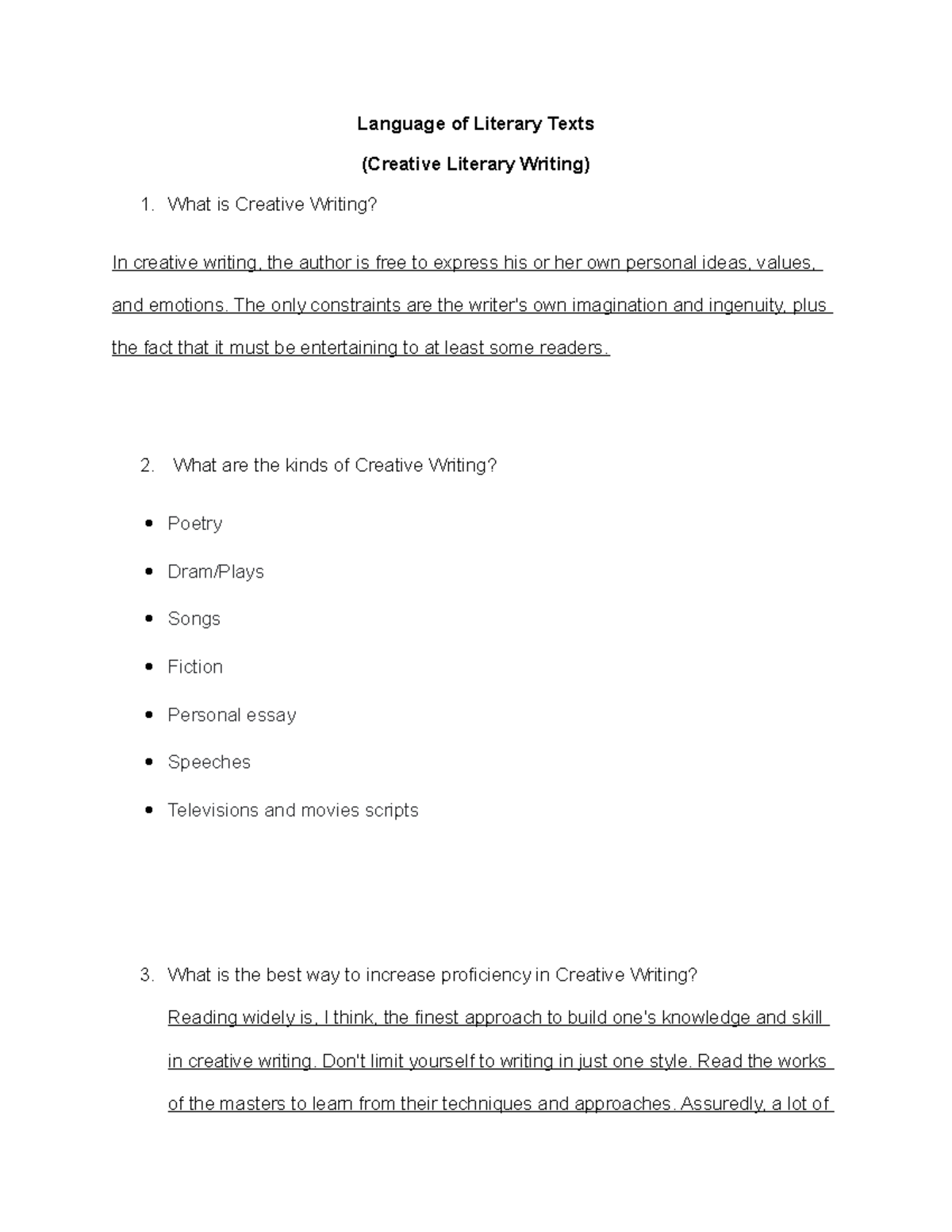 EL 223 Language of Literary Texts - Creative Literary Writing ...