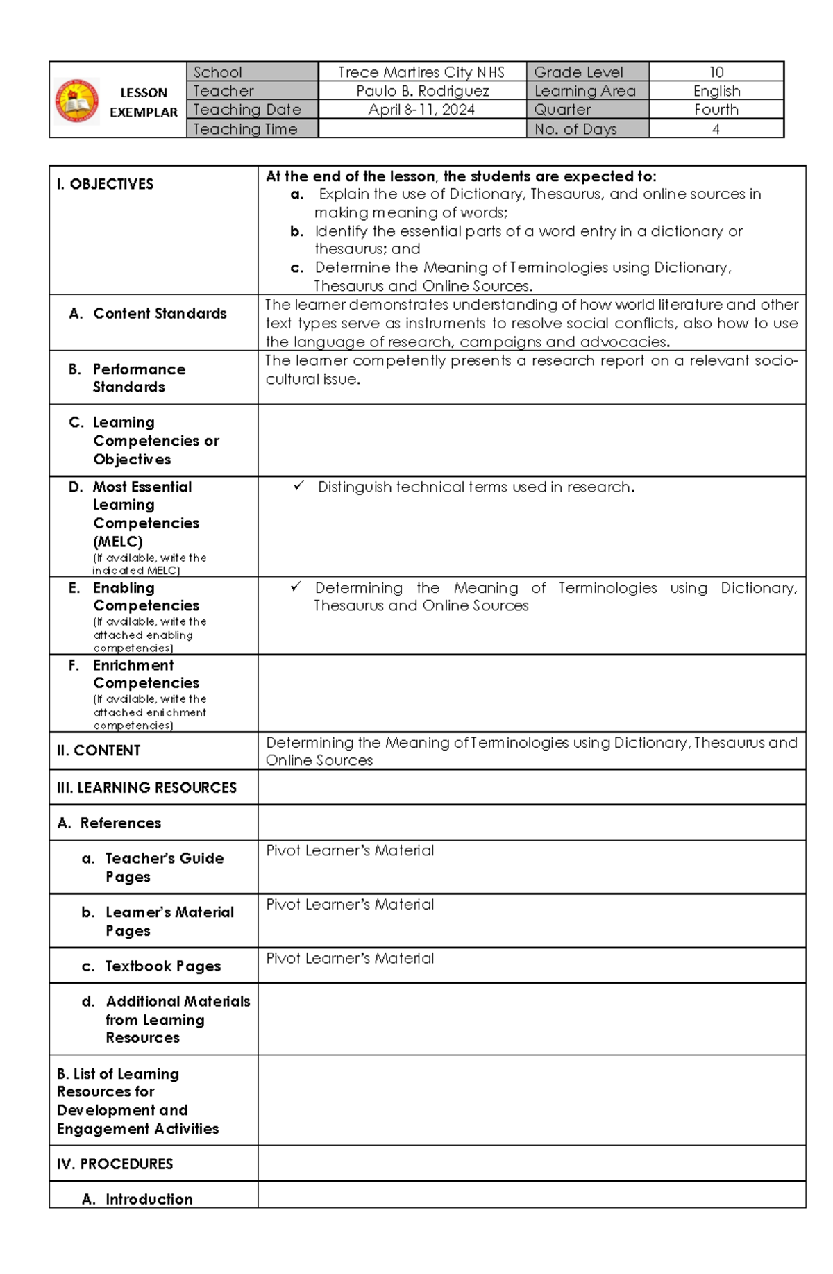 G10 English Exemplar Q4 Week 1 - School Trece Martires City NHS Grade ...