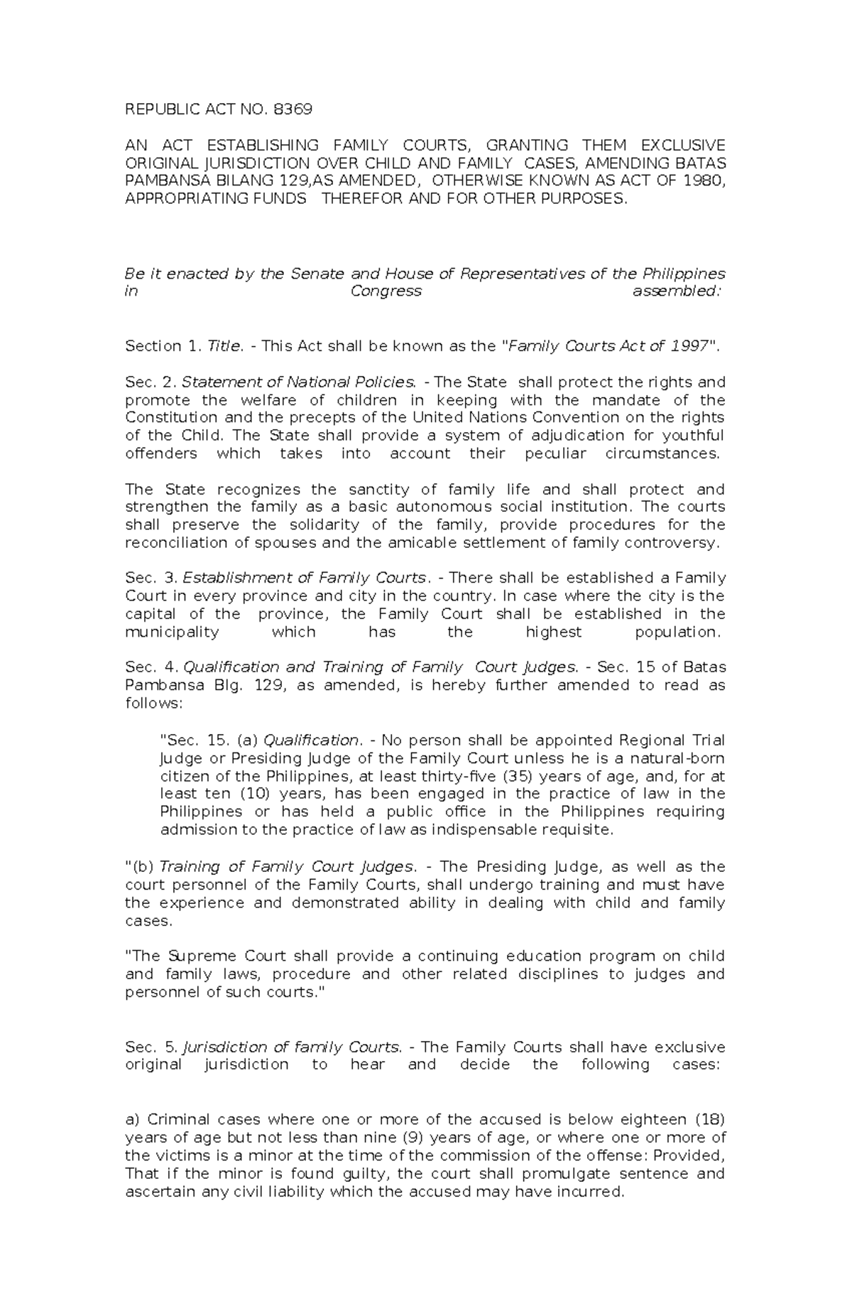 Family Court (RA 8369) - REPUBLIC ACT NO. 8369 AN ACT ESTABLISHING ...