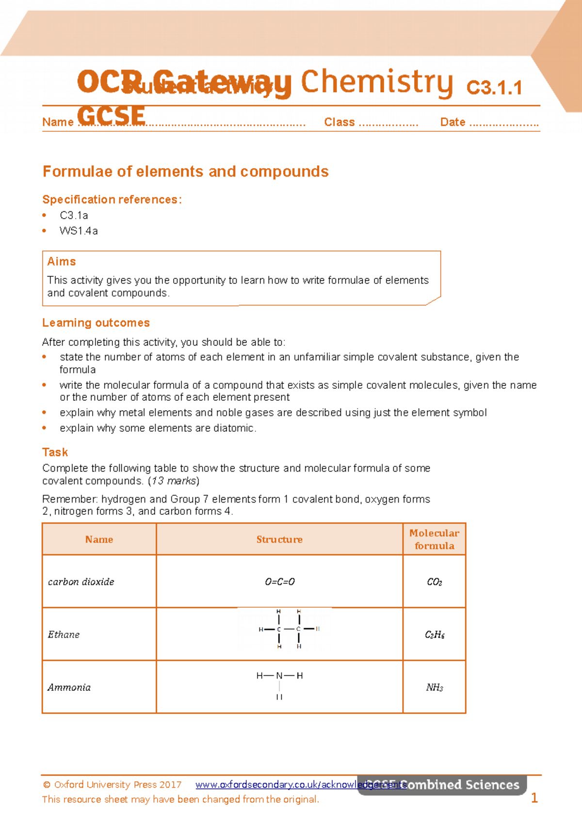Formulae of element compounds - Student activity Name - Studocu