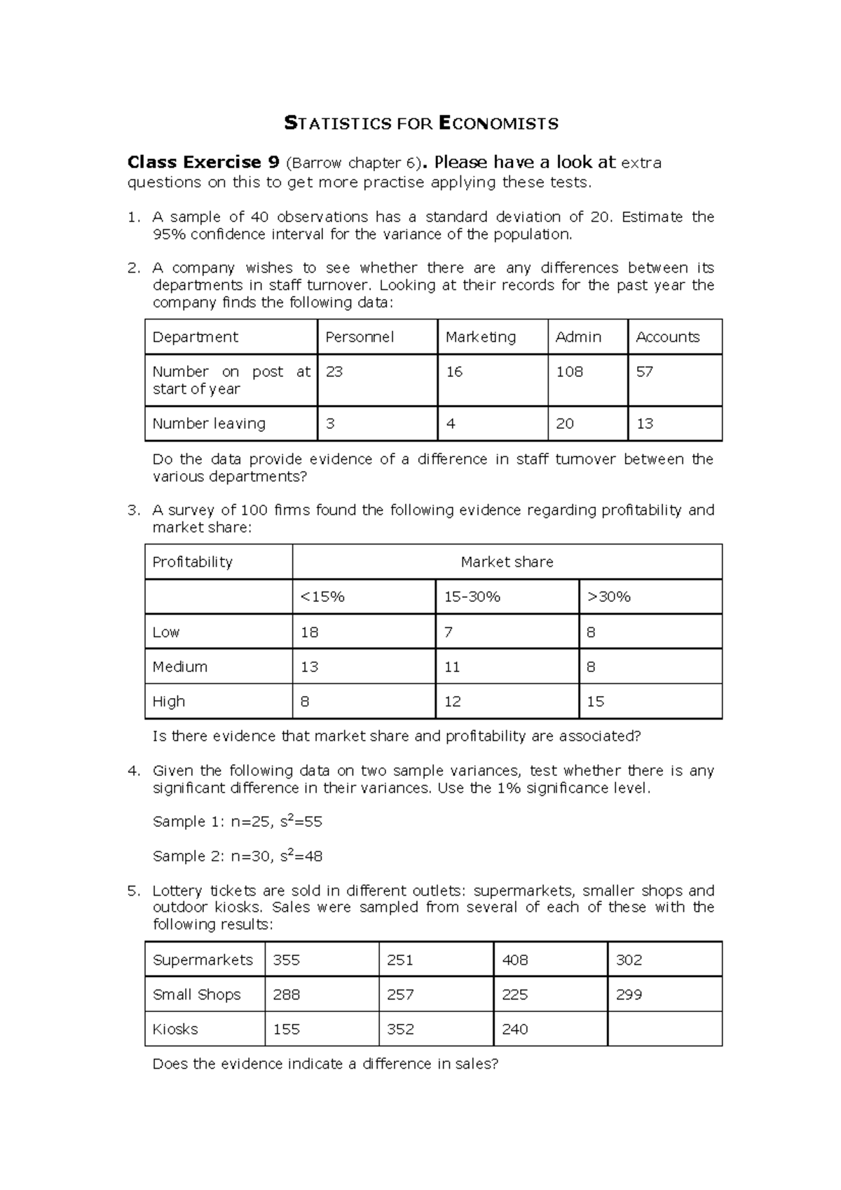 Stats class 9 - STATISTICS FOR ECONOMISTS Class Exercise 9 (Barrow ...