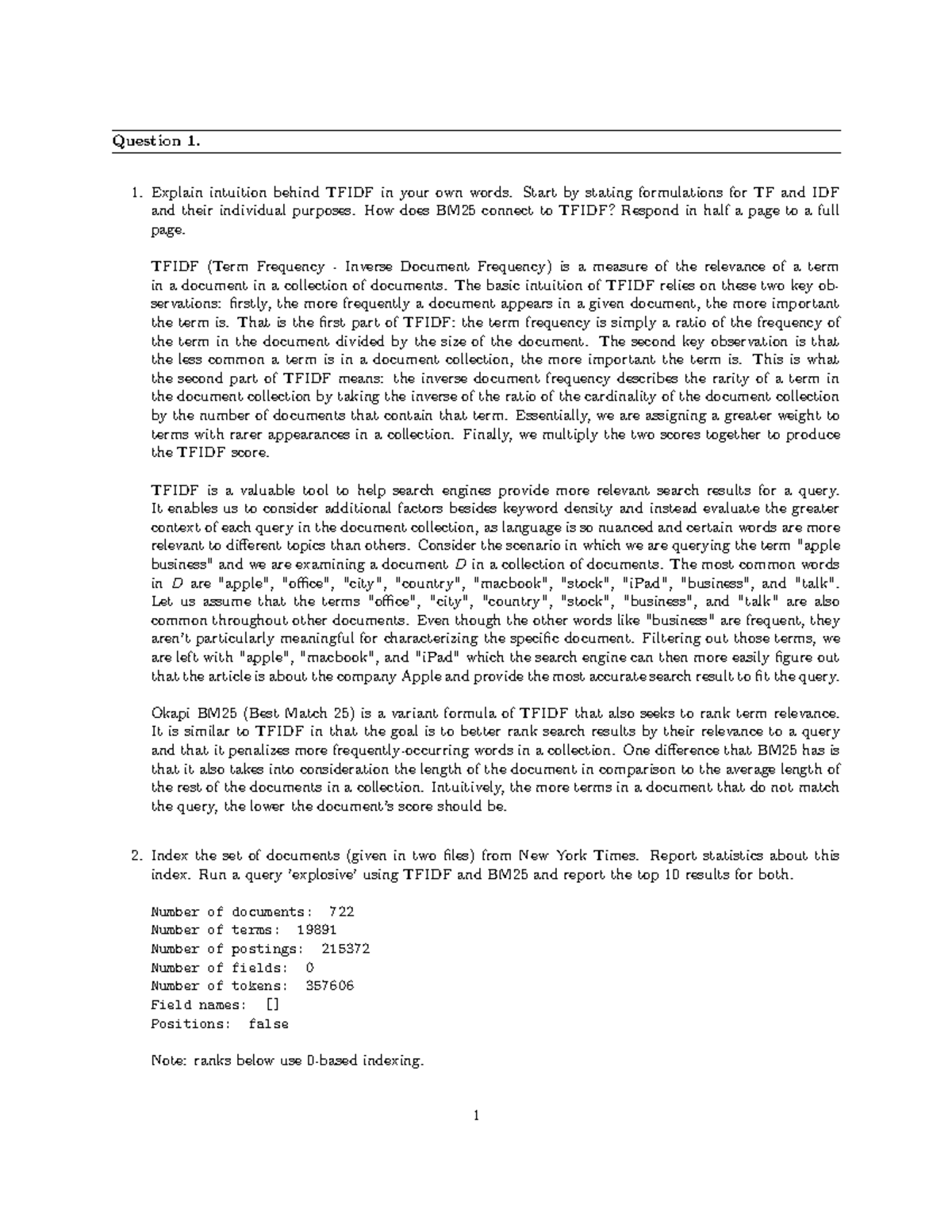 INFO498B HW3 - Question 1. Explain intuition behind TFIDF in your own ...