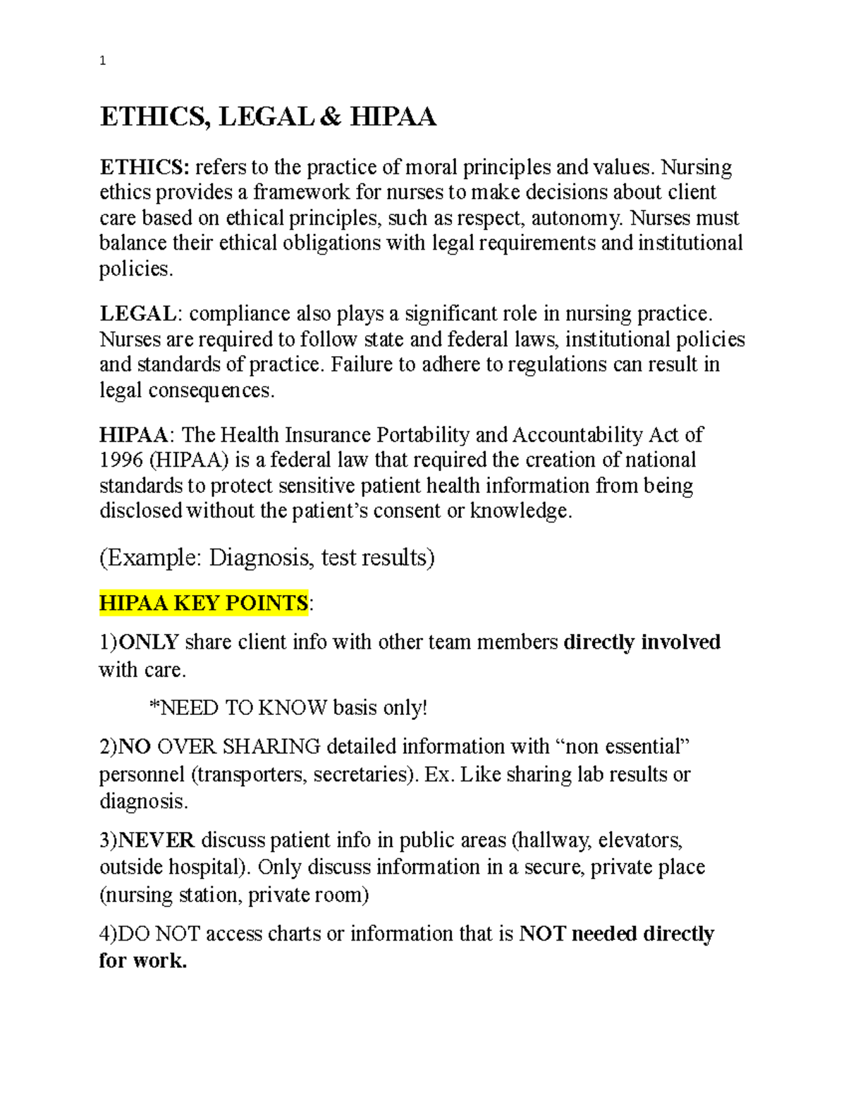 Ethics, Hipaa, Legal 2023 - ETHICS, LEGAL & HIPAA ETHICS: refers to the ...