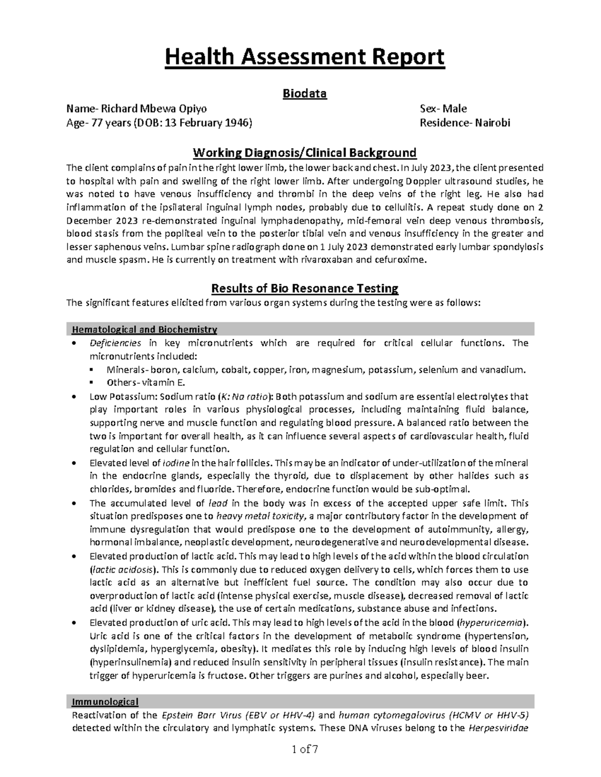 Health Assessment Report- Richard Mbewa Opiyo- 6 Dec 2023 - Health ...