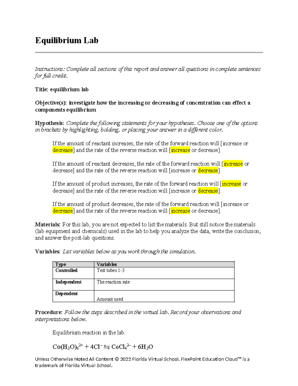 Lab report (1) equilibrium 2 - Equilibrium Lab Instructions: Complete ...