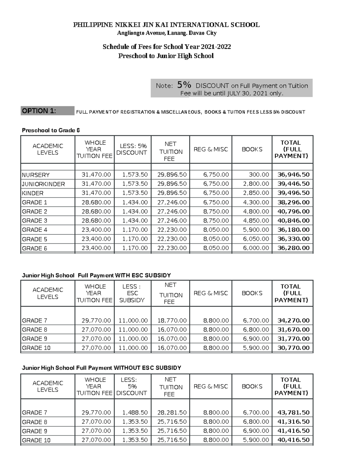 Schedule FEES 2021 2022 - PHILIPPINE NIKKEI JIN KAI INTERNATIONAL ...