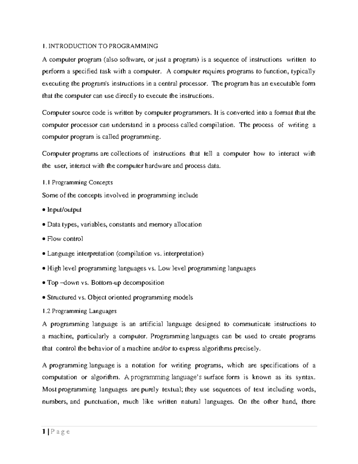 CH - 1 - 1. INTRODUCTION TO PROGRAMMING A computer program (also ...