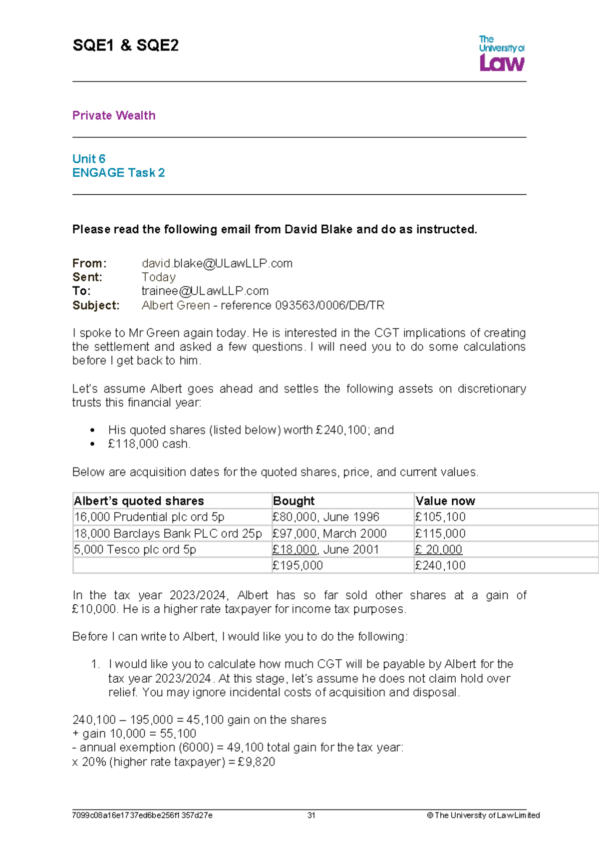 WS 6 engage task 2 - SQE1 & SQE Private Wealth Unit 6 ENGAGE Task 2 ...