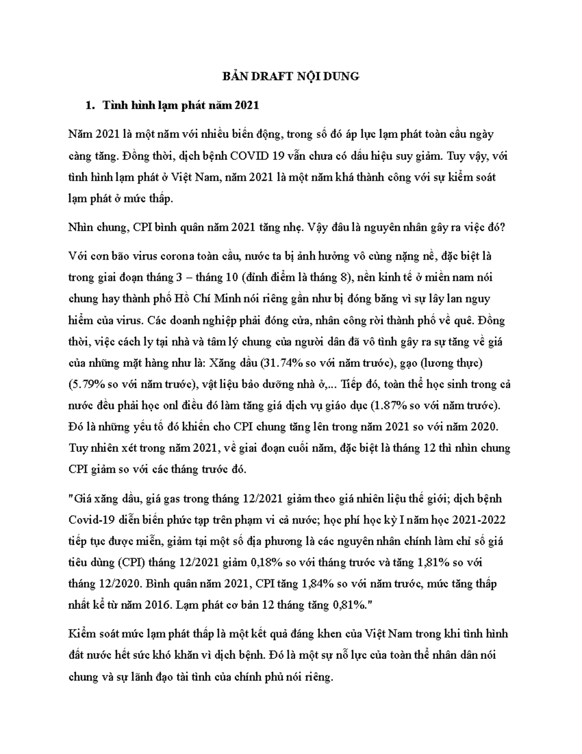 BẢN Draft NỘI DUNG - ewqe - BẢN DRAFT NỘI DUNG Tình hình lạm phát năm ...